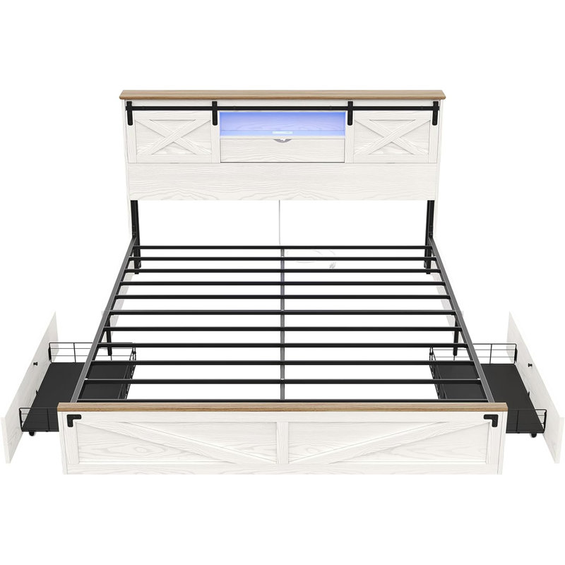 Gracie Oaks Farmhouse Bed Frame With Led Lights And Charging Station ...